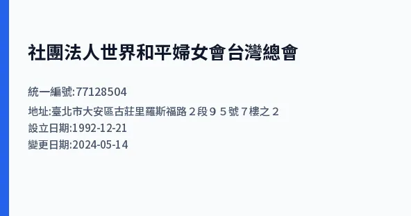 社團法人世界和平婦女會台灣總會的照片-統編 77128504(臺北市) 公司登記資料與營業項目詳細圖表