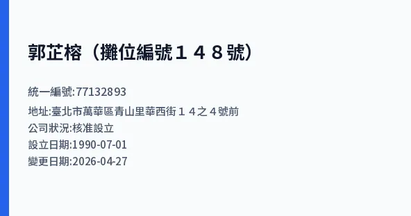郭芷榕(攤位編號148號)的照片-統編 77132893(臺北市) 公司登記資料與營業項目詳細圖表