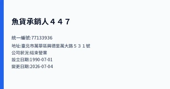 魚貨承銷人447的照片-統編 77133936(臺北市) 公司登記資料與營業項目詳細圖表