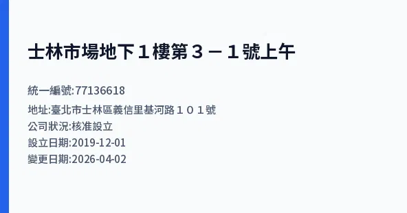 士林市場地下1樓第3-1號上午的照片-統編 77136618(臺北市) 公司登記資料與營業項目詳細圖表