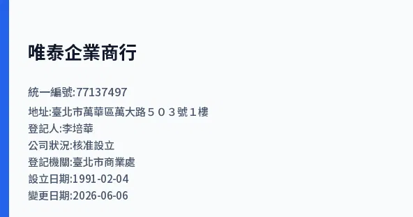唯泰企業商行的照片-統編 77137497(臺北市) 公司登記資料與營業項目詳細圖表
