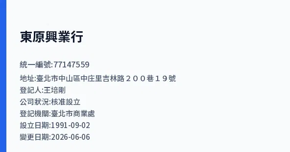 東原興業行的照片-統編 77147559(臺北市) 公司登記資料與營業項目詳細圖表