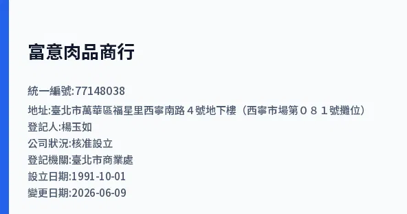 富意肉品商行的照片-統編 77148038(臺北市) 公司登記資料與營業項目詳細圖表