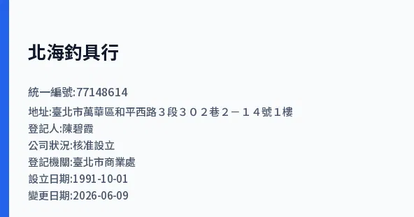 北海釣具行的照片-統編 77148614(臺北市) 公司登記資料與營業項目詳細圖表