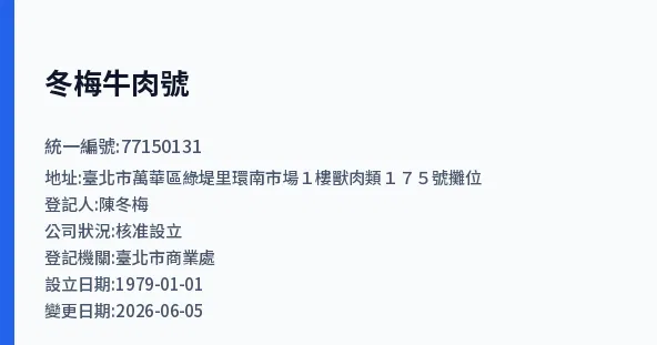 冬梅牛肉號的照片-統編 77150131(臺北市) 公司登記資料與營業項目詳細圖表