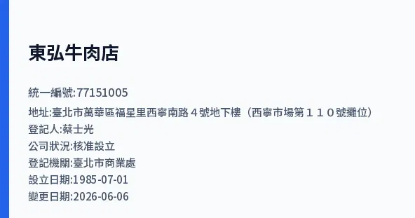 東弘牛肉店的照片-統編 77151005(臺北市) 公司登記資料與營業項目詳細圖表