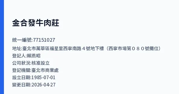金合發牛肉莊的照片-統編 77151027(臺北市) 公司登記資料與營業項目詳細圖表
