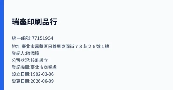 瑞鑫印刷品行的照片-統編 77151954(臺北市) 公司登記資料與營業項目詳細圖表