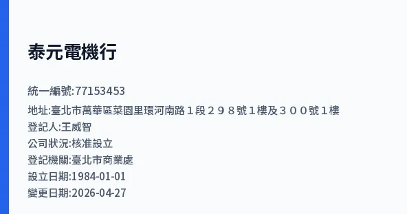 泰元電機行的照片-統編 77153453(臺北市) 公司登記資料與營業項目詳細圖表