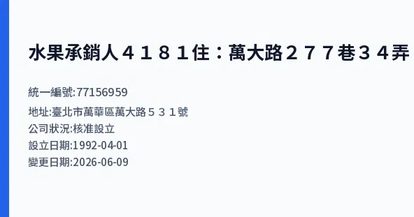 水果承銷人4181住:萬大路277巷34弄2號的照片-統編 77156959(臺北市) 公司登記資料與營業項目詳細圖表