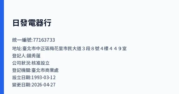 日發電器行的照片-統編 77163733(臺北市) 公司登記資料與營業項目詳細圖表
