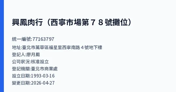 興鳳肉行(西寧市場第78號攤位)的照片-統編 77163797(臺北市) 公司登記資料與營業項目詳細圖表