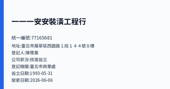 一一一安安裝潢工程行的照片-統編 77165681(臺北市) 公司登記資料與營業項目詳細圖表