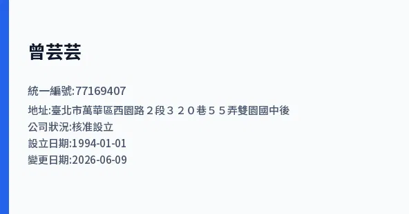 曾芸芸的照片-統編 77169407(臺北市) 公司登記資料與營業項目詳細圖表