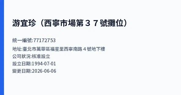 游宜珍(西寧市場第37號攤位)的照片-統編 77172753(臺北市) 公司登記資料與營業項目詳細圖表