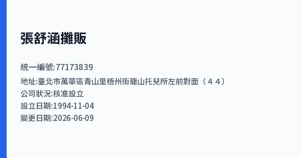 張舒涵攤販的照片-統編 77173839(臺北市) 公司登記資料與營業項目詳細圖表