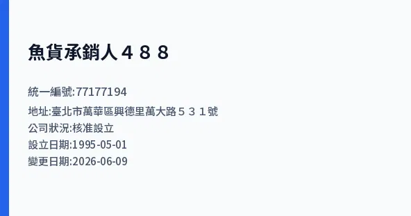 魚貨承銷人488的照片-統編 77177194(臺北市) 公司登記資料與營業項目詳細圖表