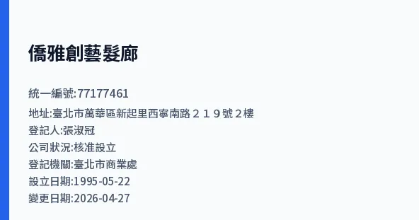 僑雅創藝髮廊的照片-統編 77177461(臺北市) 公司登記資料與營業項目詳細圖表