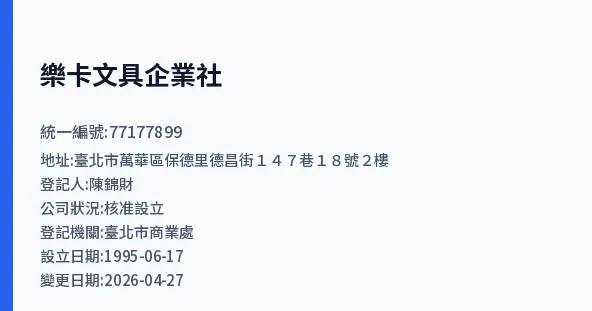 樂卡文具企業社的照片-統編 77177899(臺北市) 公司登記資料與營業項目詳細圖表