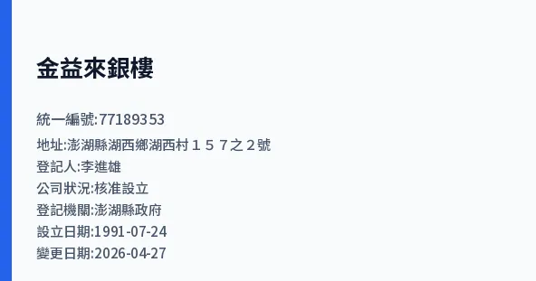 金益來銀樓的照片-統編 77189353(澎湖縣) 公司登記資料與營業項目詳細圖表