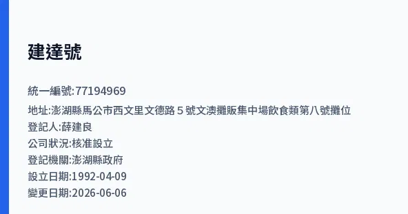 建達號的照片-統編 77194969(澎湖縣) 公司登記資料與營業項目詳細圖表