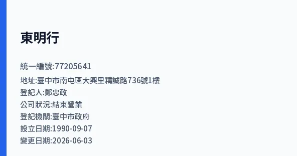 東明行的照片-統編 77205641(臺中市) 公司登記資料與營業項目詳細圖表