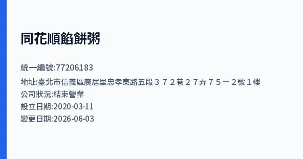 同花順餡餅粥的照片-統編 77206183(臺北市) 公司登記資料與營業項目詳細圖表