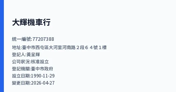 大輝機車行的照片-統編 77207388(臺中市) 公司登記資料與營業項目詳細圖表