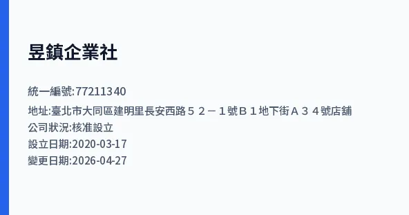 昱鎮企業社的照片-統編 77211340(臺北市) 公司登記資料與營業項目詳細圖表
