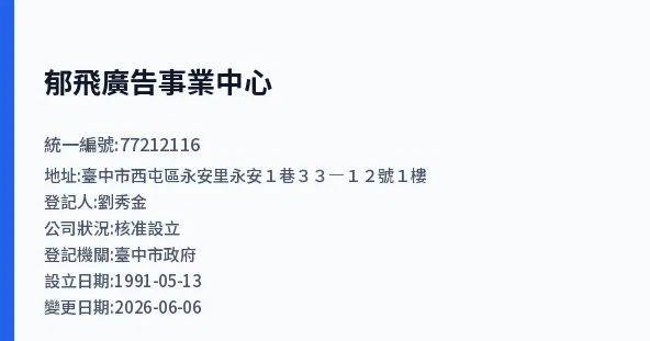 郁飛廣告事業中心的照片-統編 77212116(臺中市) 公司登記資料與營業項目詳細圖表
