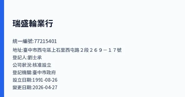 瑞盛輪業行的照片-統編 77215401(臺中市) 公司登記資料與營業項目詳細圖表