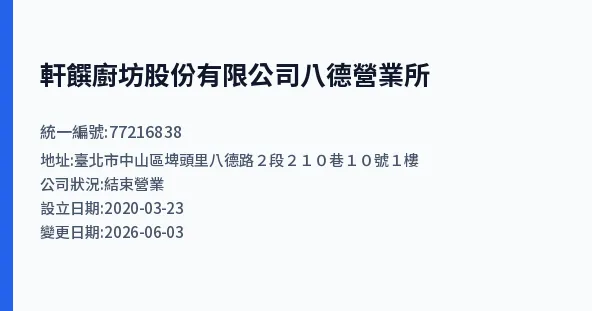 軒饌廚坊股份有限公司八德營業所的照片-統編 77216838(臺北市) 公司登記資料與營業項目詳細圖表