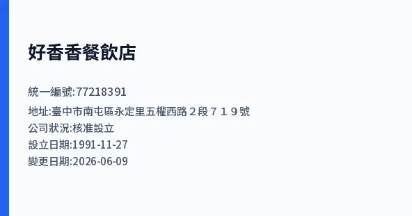 好香香餐飲店的照片-統編 77218391(臺中市) 公司登記資料與營業項目詳細圖表