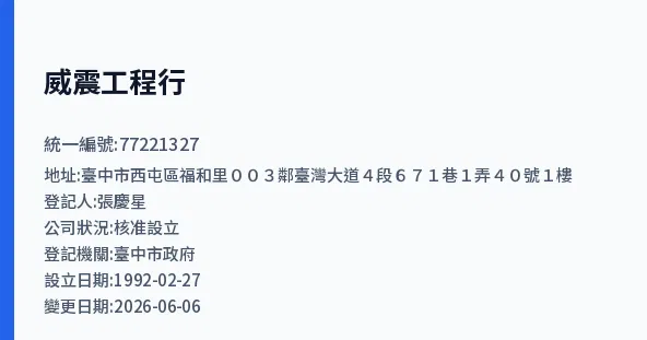 威震工程行的照片-統編 77221327(臺中市) 公司登記資料與營業項目詳細圖表
