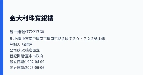 金大利珠寶銀樓的照片-統編 77221760(臺中市) 公司登記資料與營業項目詳細圖表