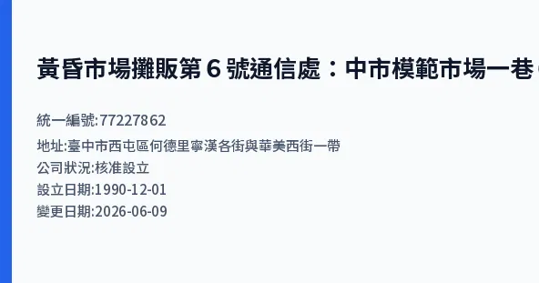 黃昏市場攤販第6號通信處:中市模範市場一巷64號的照片-統編 77227862(臺中市) 公司登記資料與營業項目詳細圖表