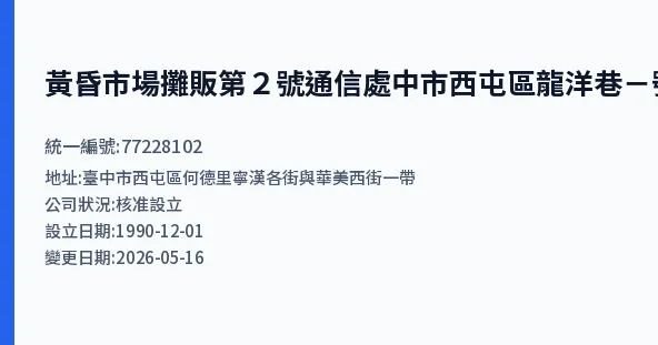 黃昏市場攤販第2號通信處中市西屯區龍洋巷-號的照片-統編 77228102(臺中市) 公司登記資料與營業項目詳細圖表