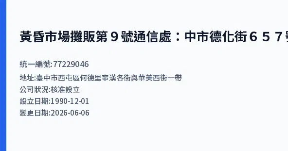 黃昏市場攤販第9號通信處:中市德化街657號的照片-統編 77229046(臺中市) 公司登記資料與營業項目詳細圖表