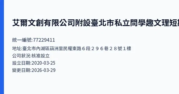 艾爾文創有限公司附設臺北市私立問學趣文理短期補習班的照片-統編 77229411(臺北市) 公司登記資料與營業項目詳細圖表