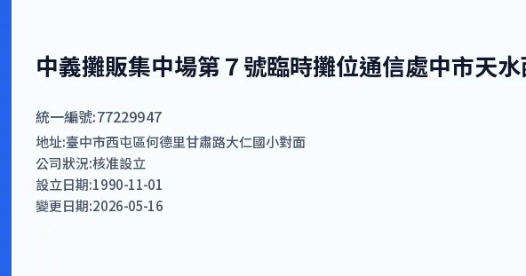 中義攤販集中場第7號臨時攤位通信處中市天水西六街的照片-統編 77229947(臺中市) 公司登記資料與營業項目詳細圖表