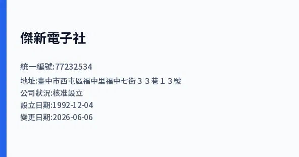 傑新電子社的照片-統編 77232534(臺中市) 公司登記資料與營業項目詳細圖表