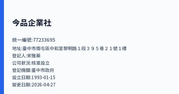 今品企業社的照片-統編 77233695(臺中市) 公司登記資料與營業項目詳細圖表