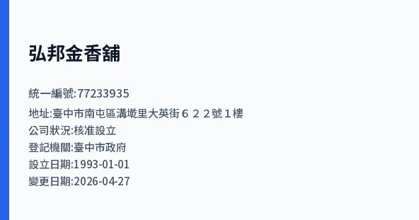 弘邦金香舖的照片-統編 77233935(臺中市) 公司登記資料與營業項目詳細圖表