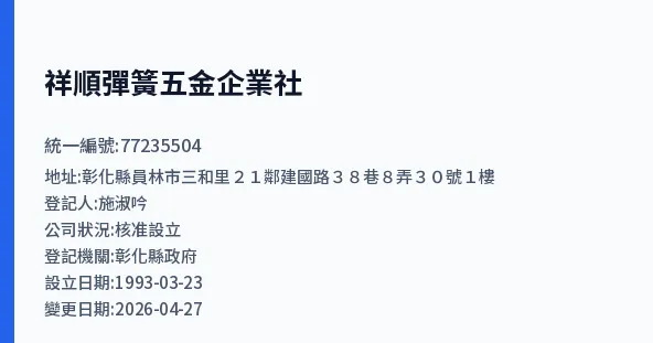 祥順彈簧五金企業社的照片-統編 77235504(彰化縣) 公司登記資料與營業項目詳細圖表