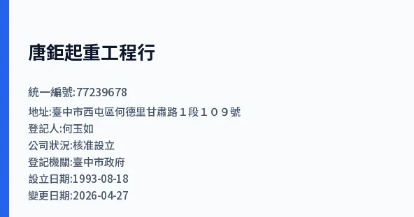 唐鉅起重工程行的照片-統編 77239678(臺中市) 公司登記資料與營業項目詳細圖表