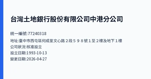 台灣土地銀行股份有限公司中港分公司的照片-統編 77240318(臺中市) 公司登記資料與營業項目詳細圖表