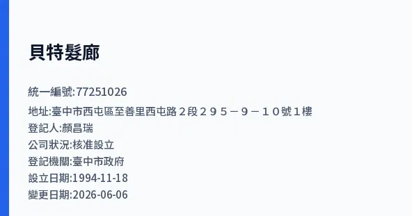 貝特髮廊的照片-統編 77251026(臺中市) 公司登記資料與營業項目詳細圖表