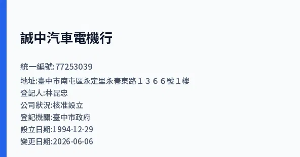 誠中汽車電機行的照片-統編 77253039(臺中市) 公司登記資料與營業項目詳細圖表