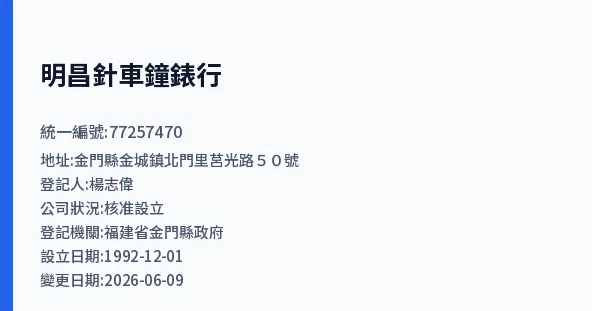 明昌針車鐘錶行的照片-統編 77257470(金門縣) 公司登記資料與營業項目詳細圖表