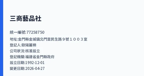 三商藝品社的照片-統編 77258750(金門縣) 公司登記資料與營業項目詳細圖表